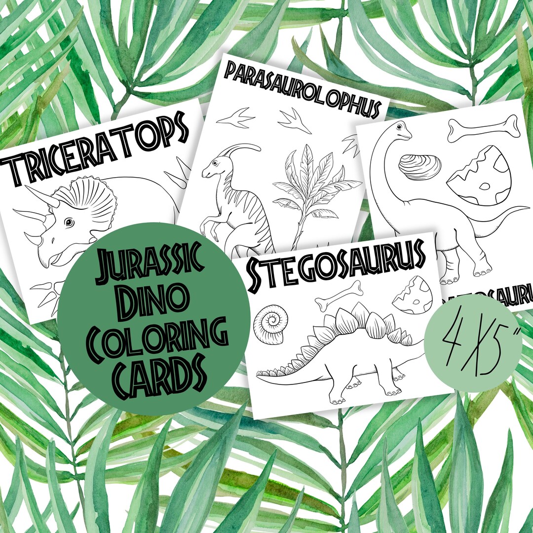 Kids Coloring Cards, Dino Cards Party Favor. Jurassic Dino Coloring ...