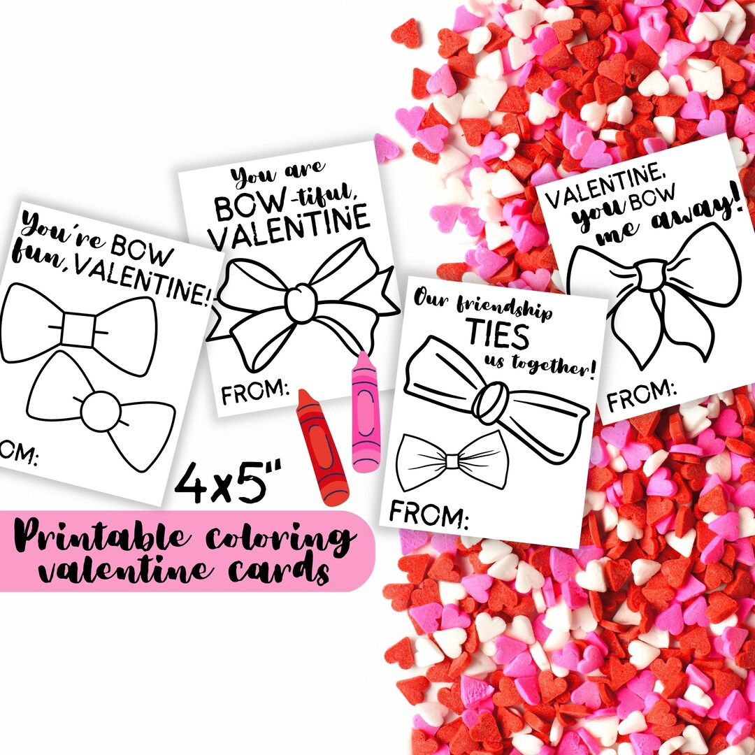 Color Your Own Valentine's Bow Cards for Kids - DIGITAL DOWNLOAD - Non ...