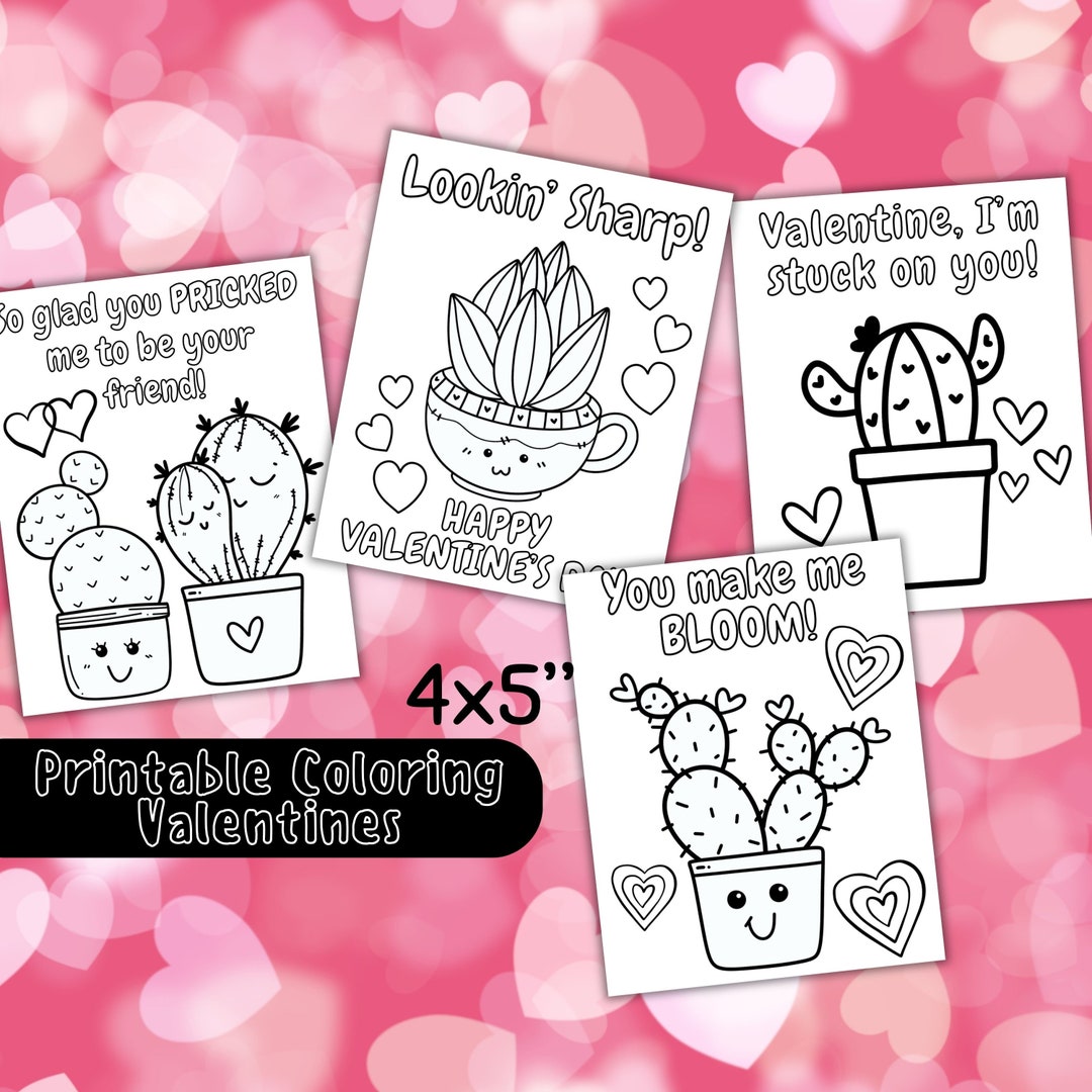 Valentine Coloring Cards, Cute Plant Printable Valentine's Day Cards ...