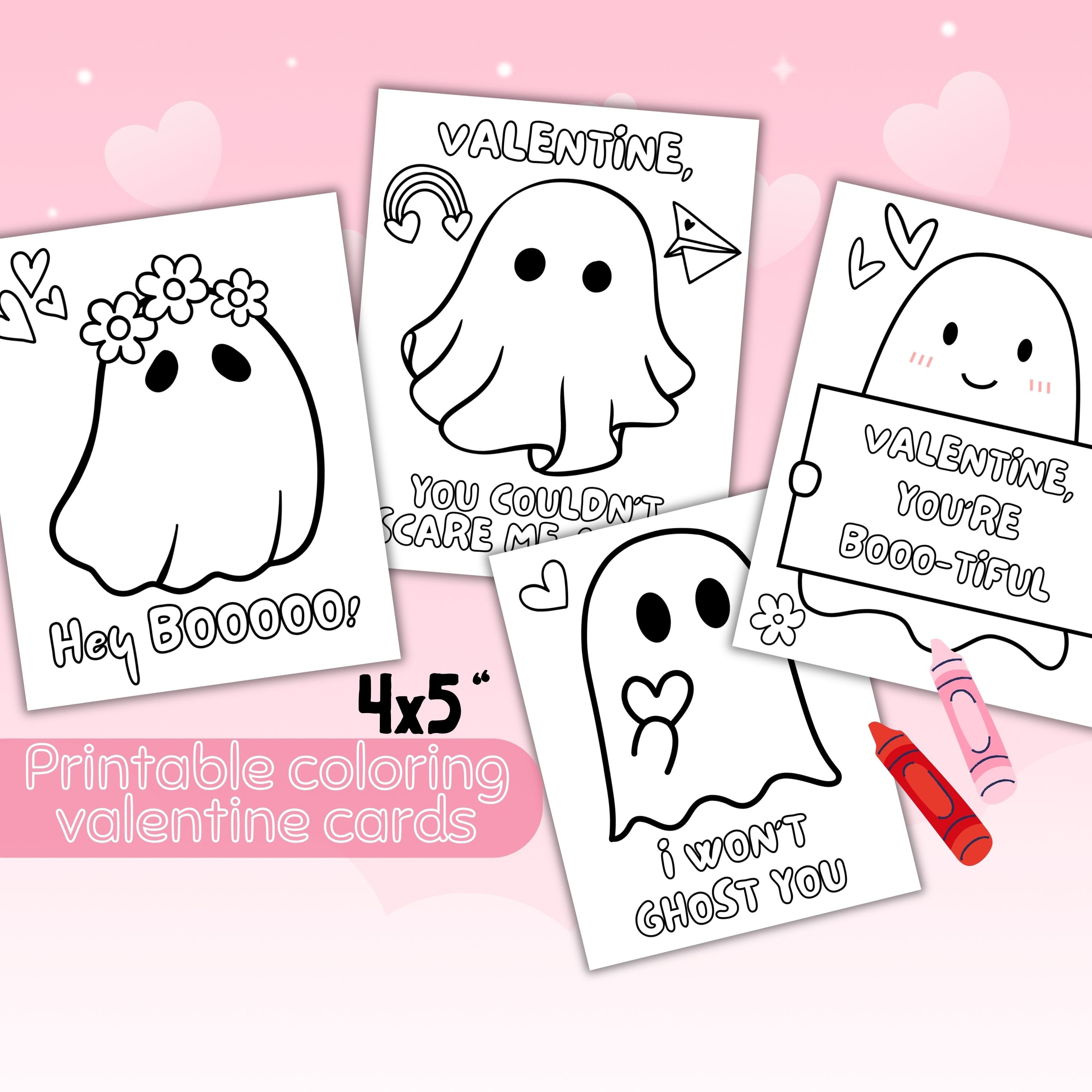 Valentine Coloring Cards, Cute Ghost Printable Valentine's Day Cards ...
