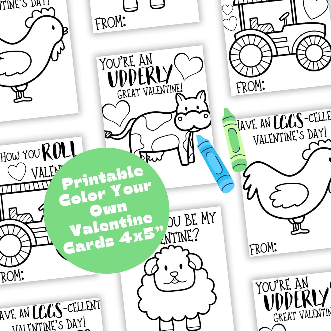 Valentine Coloring Cards, Farm Animals Printable Valentine's Day Cards ...