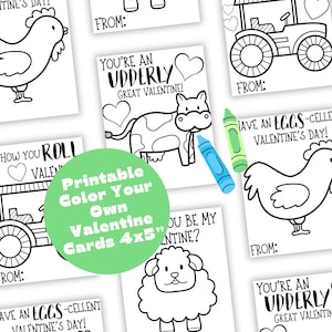 Valentine Coloring Cards, Farm Animals Printable Valentine's Day Cards ...