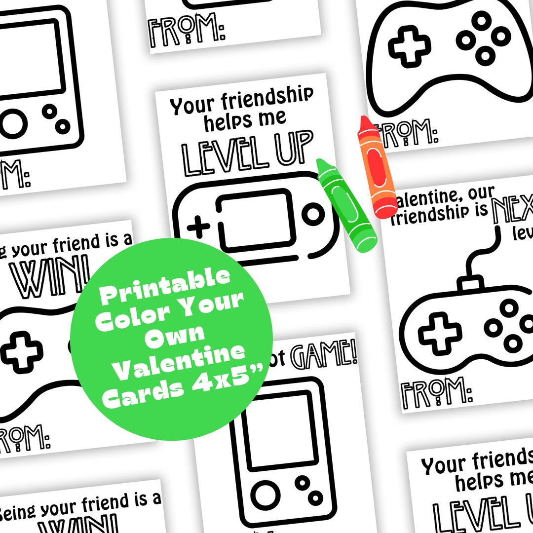 Valentine Coloring Cards, Video Gamer Printable Valentine's Day Cards ...