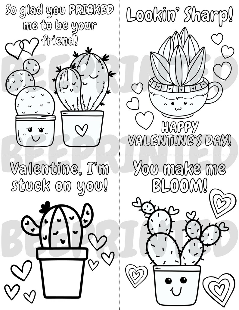 Valentine Coloring Cards, Cute Plant Printable Valentine's Day Cards ...