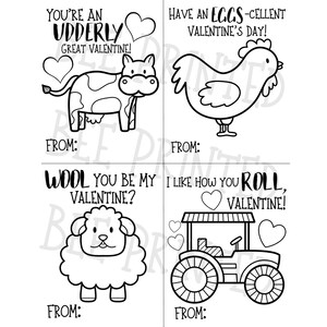 Valentine Coloring Cards, Farm Animals Printable Valentine's Day Cards ...