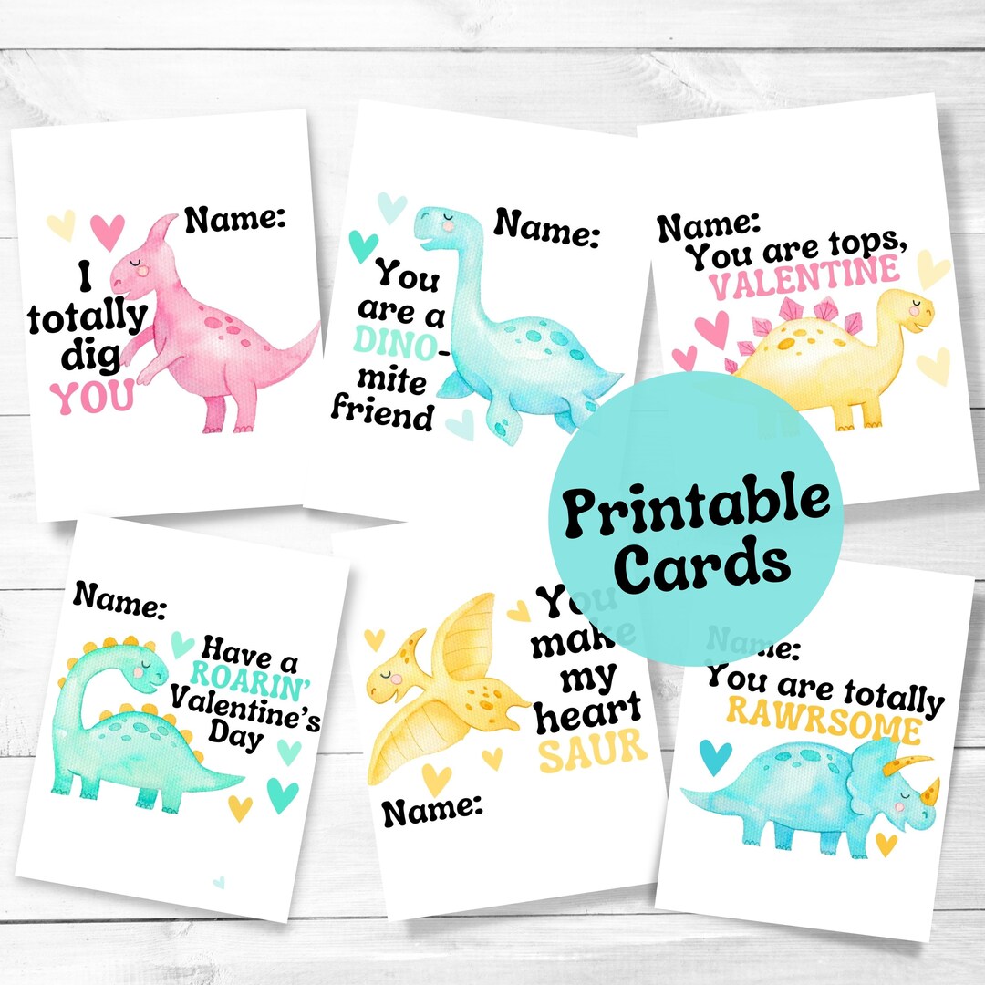 Printable Dinosaur Valentine Tags, Kids Valentine Cards, School ...