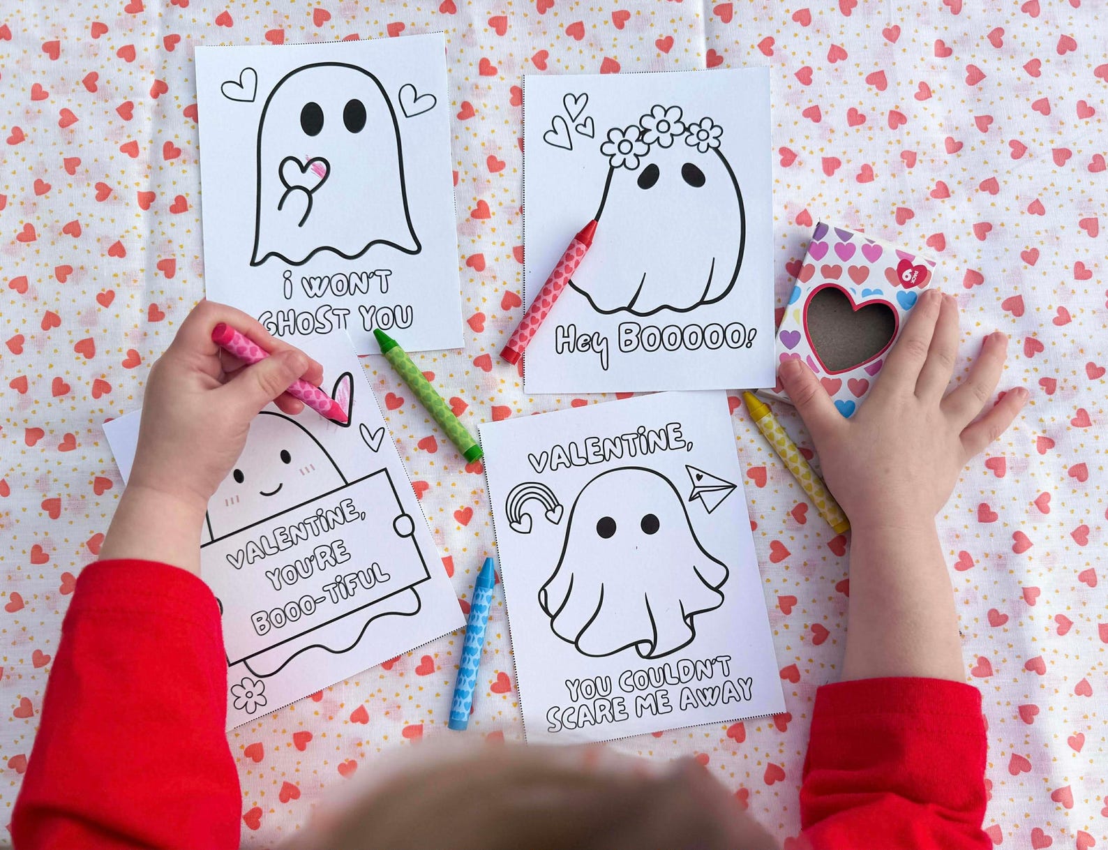 Valentine Coloring Cards, Cute Ghost Printable Valentine's Day Cards ...