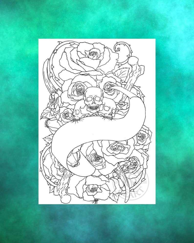 Rose and Bones Tattoo Coloring Page Digital Art Download, PNG, PDF ...
