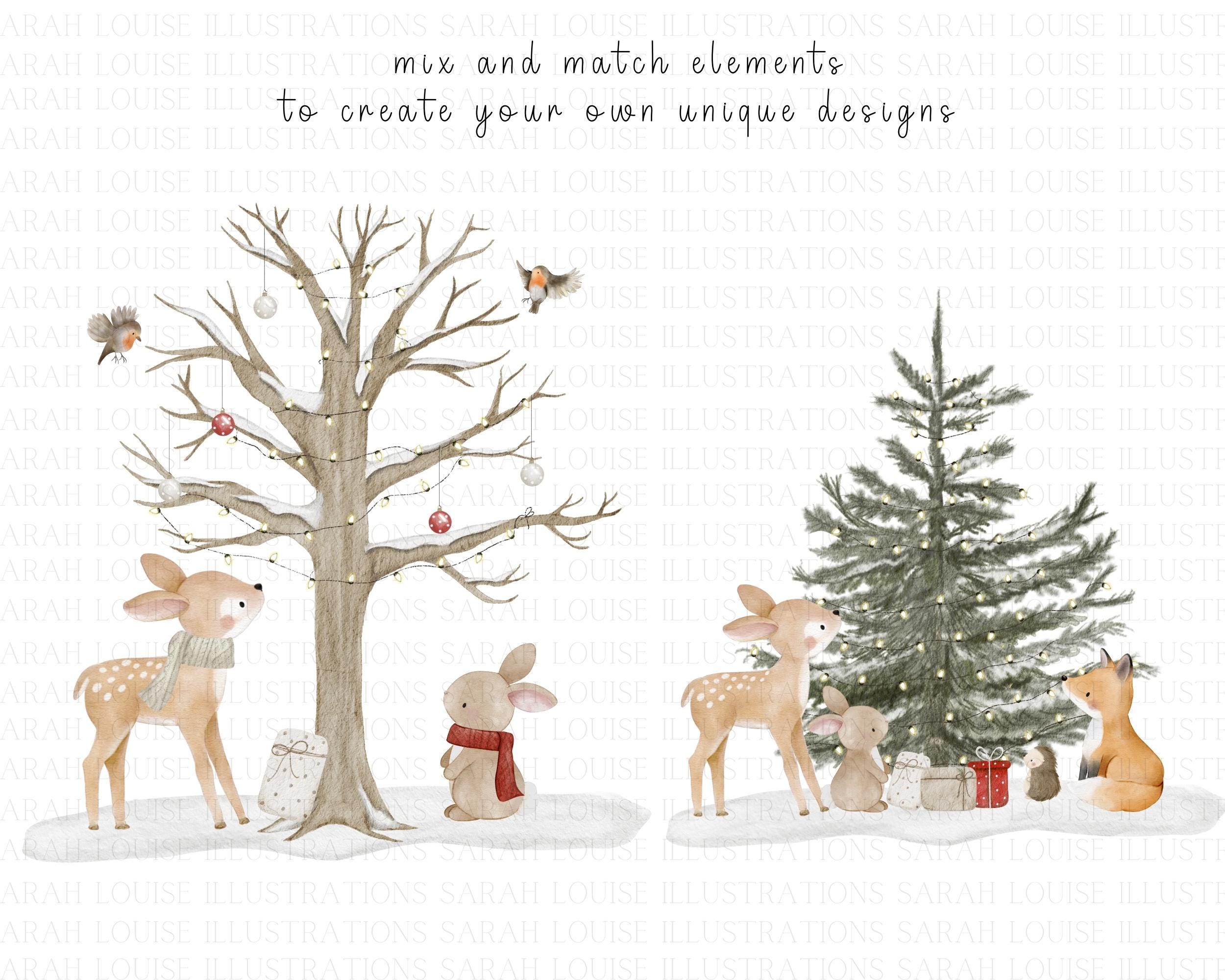 Cute Baby Watercolor Woodland Christmas Elements Animal Clipart PNG ...