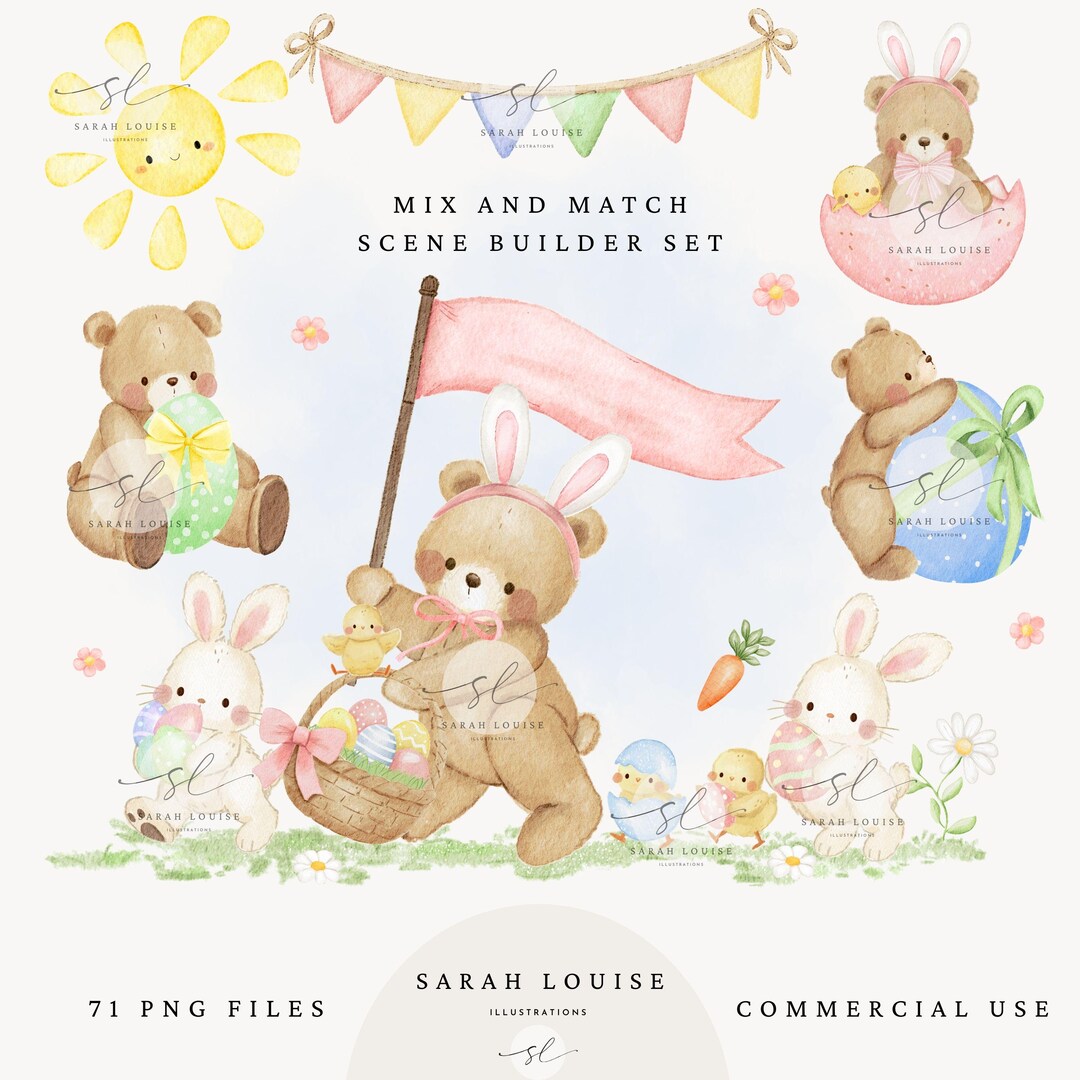 Easter Scene Builder Digital Clipart, Teddy Bear and Bunny Watercolour ...