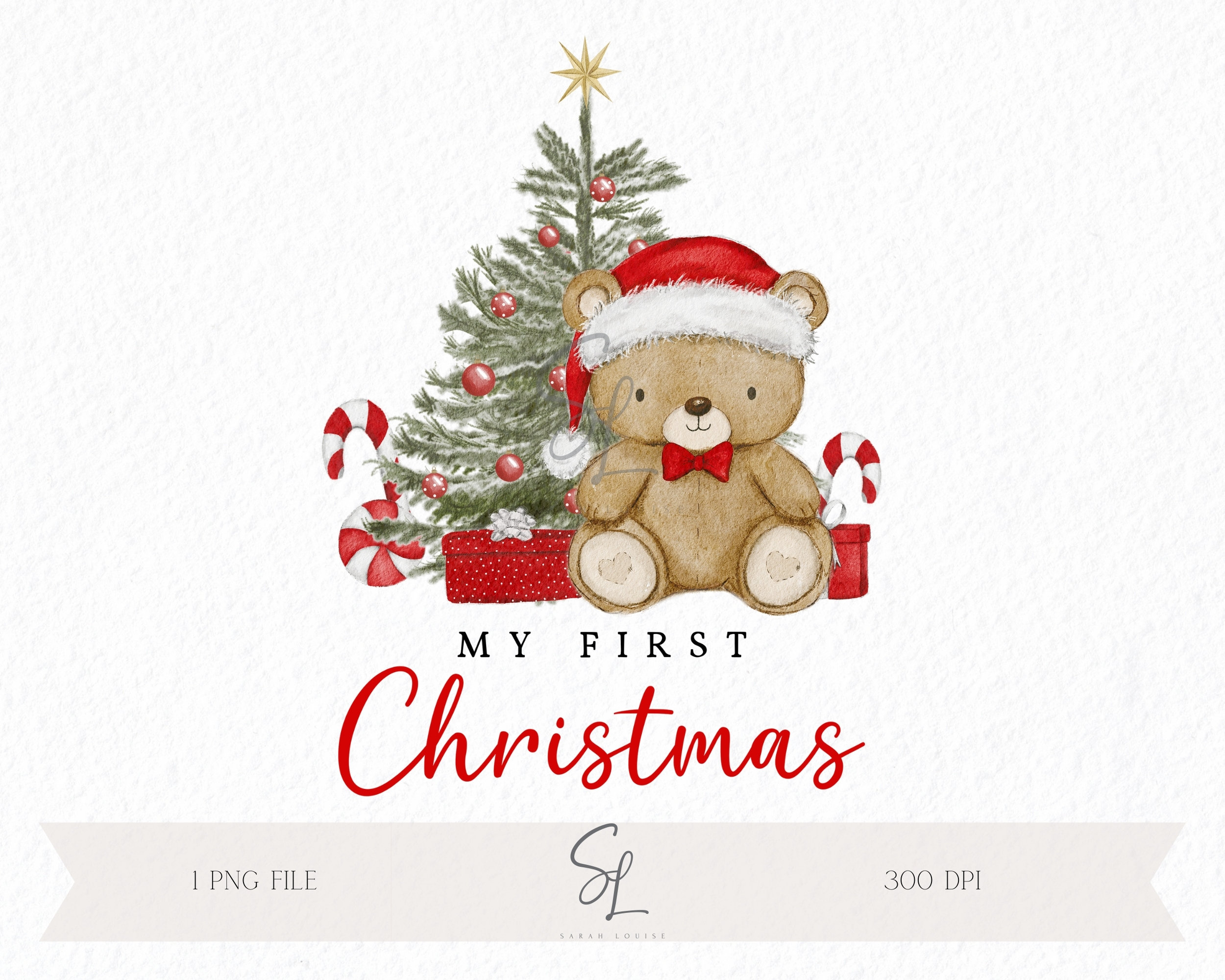 Watercolor Baby 1st Christmas Teddy Bear Sublimation Clipart PNG, Teddy ...