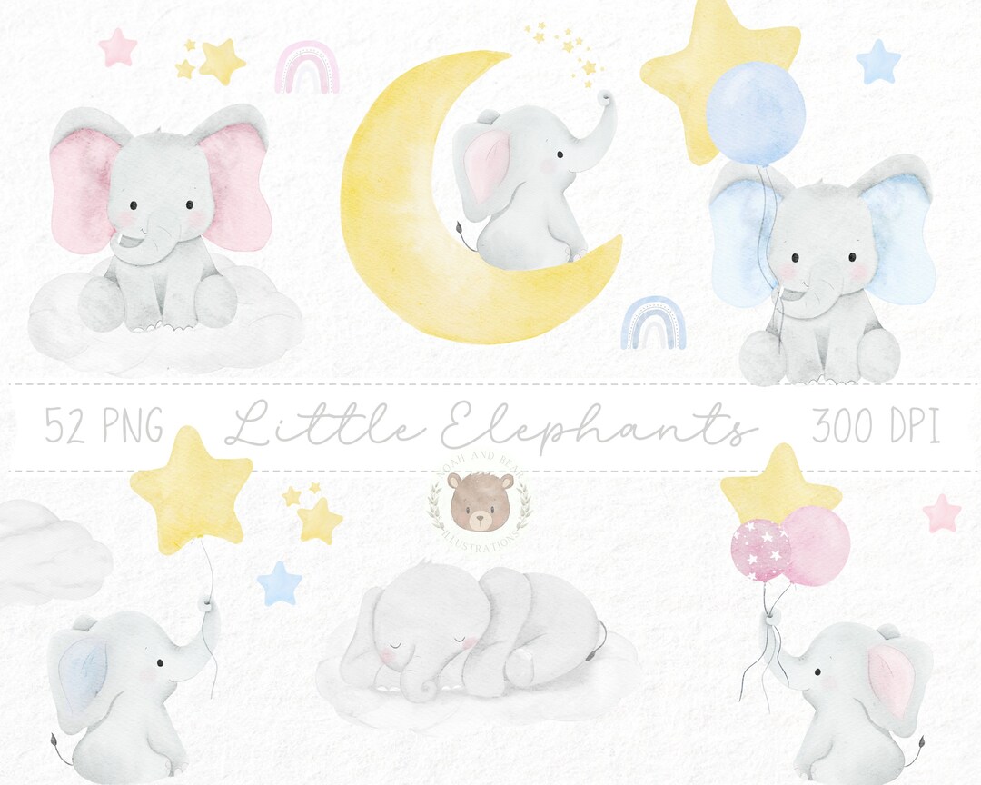 Cute Baby Blue Pink Boy Girl Elephant Clipart Set PNG Sublimation ...