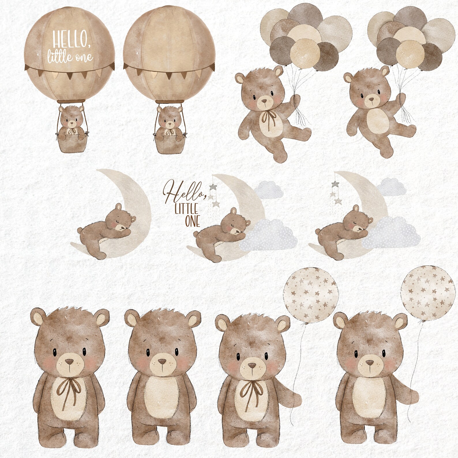 Cute Watercolor Teddy Bear Neutral Baby Boho Clipart Set PNG ...