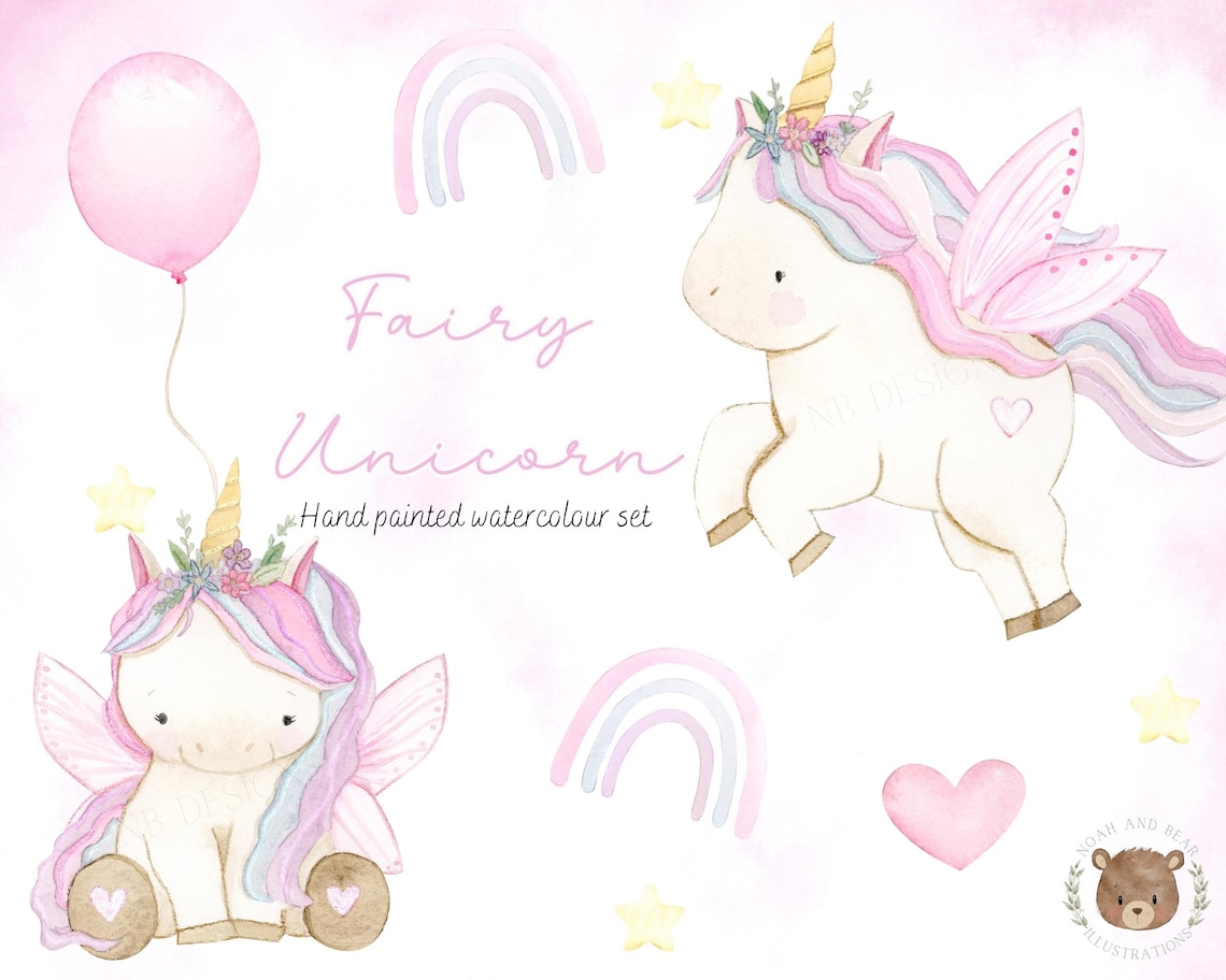 Fairy Unicorn Watercolor Clipart PNG Set, Unicorn Clipart Watercolour ...