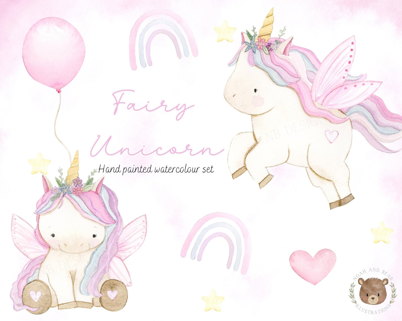 Fairy Unicorn Watercolor Clipart PNG Set, Unicorn Clipart Watercolour ...