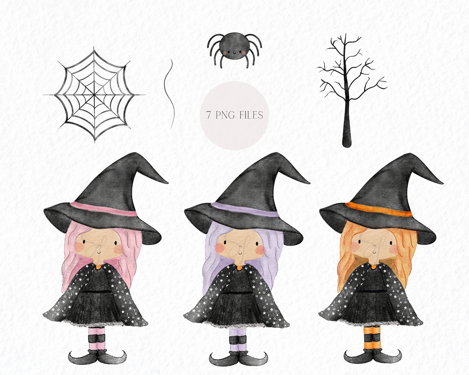 Cute Kids Watercolor Witch Halloween Party Art PNG Digital Clipart ...