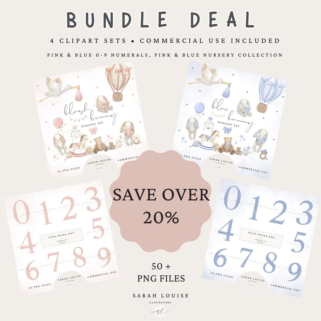 Watercolor Bunny Nursery Clipart Mega Bundle, Pink and Blue (commercial ...