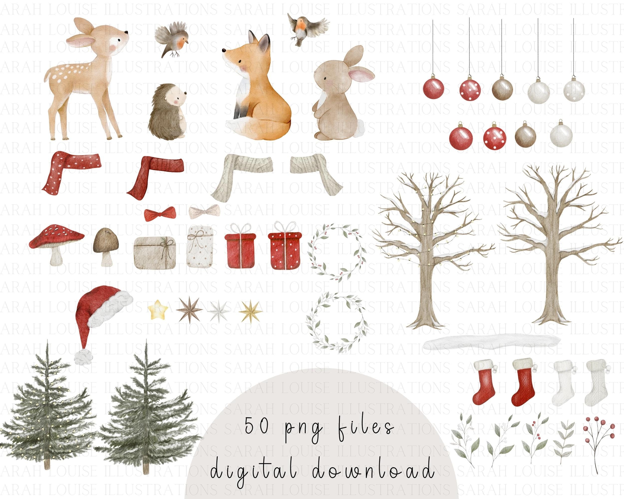 Cute Baby Watercolor Woodland Christmas Elements Animal Clipart PNG ...
