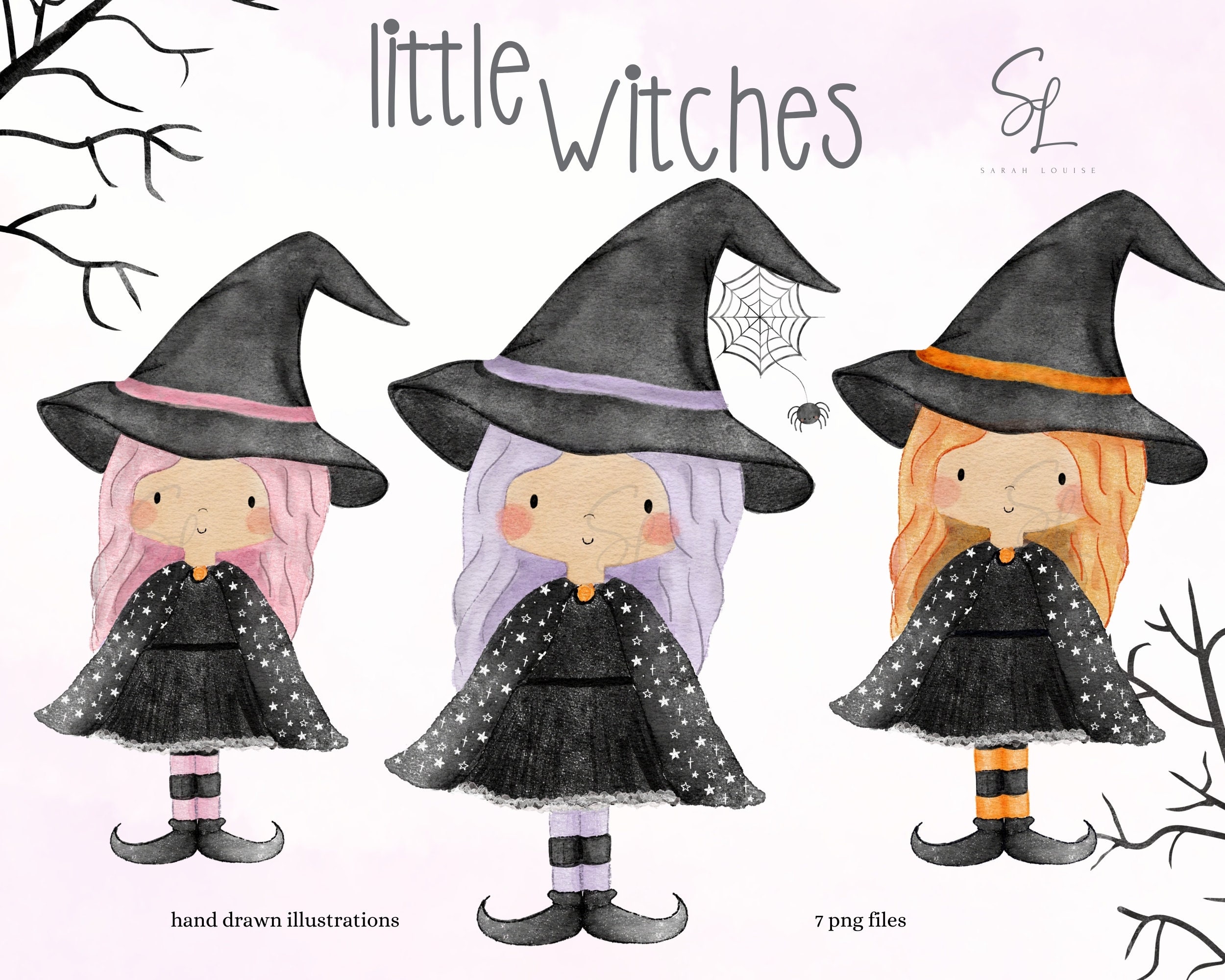 Cute Kids Watercolor Witch Halloween Party Art PNG Digital Clipart ...