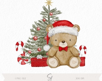 Watercolor Baby 1st Christmas Teddy Bear Sublimation Clipart PNG, Teddy ...