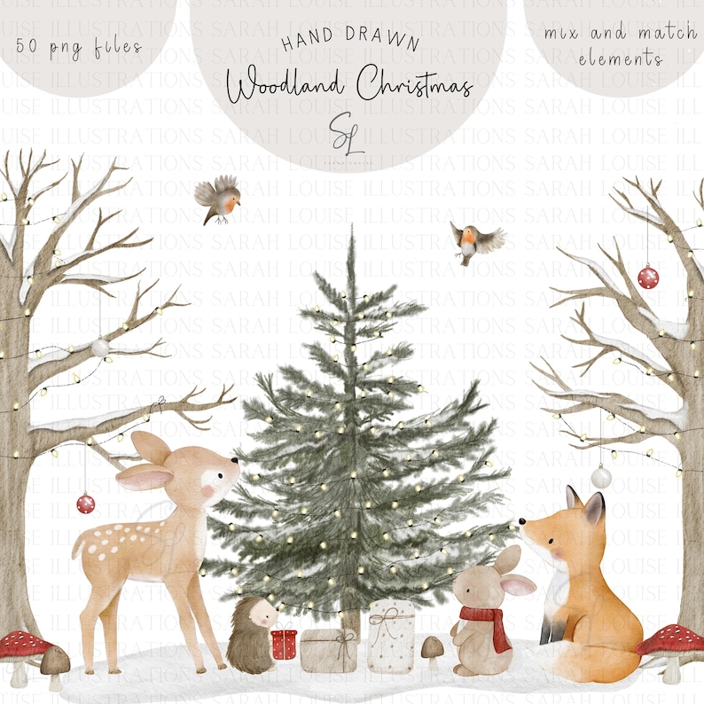 Watercolor Woodland Christmas Clipart PNG, Animals (digital Download ...
