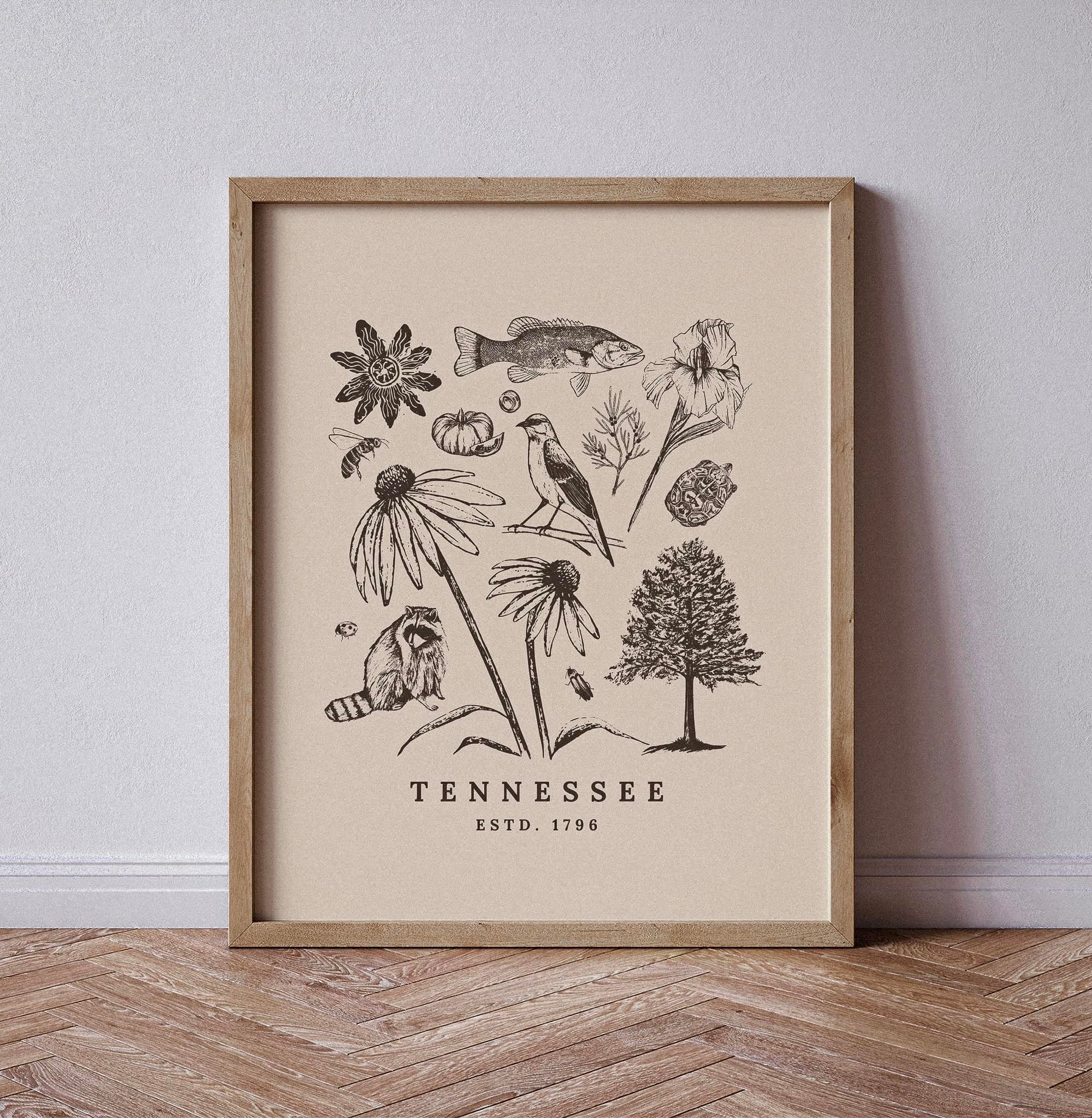 Tennessee (TN) State Symbols Drawings T-shirt, Vintage Style, Cream ...