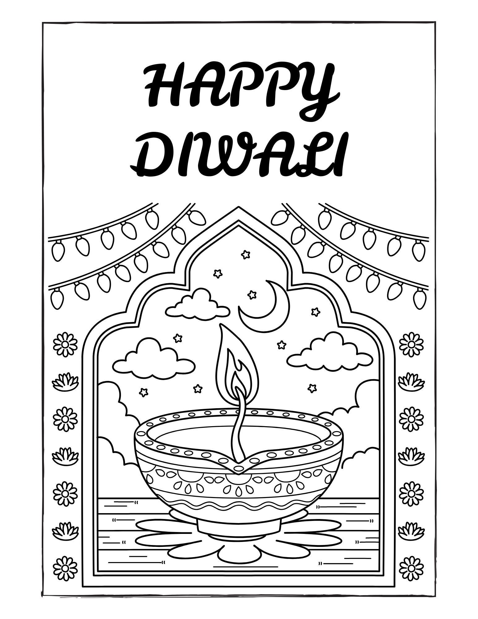 Kids Diwali Coloring PDF Sheets, Cute Children's Deepawali Color Sheets ...