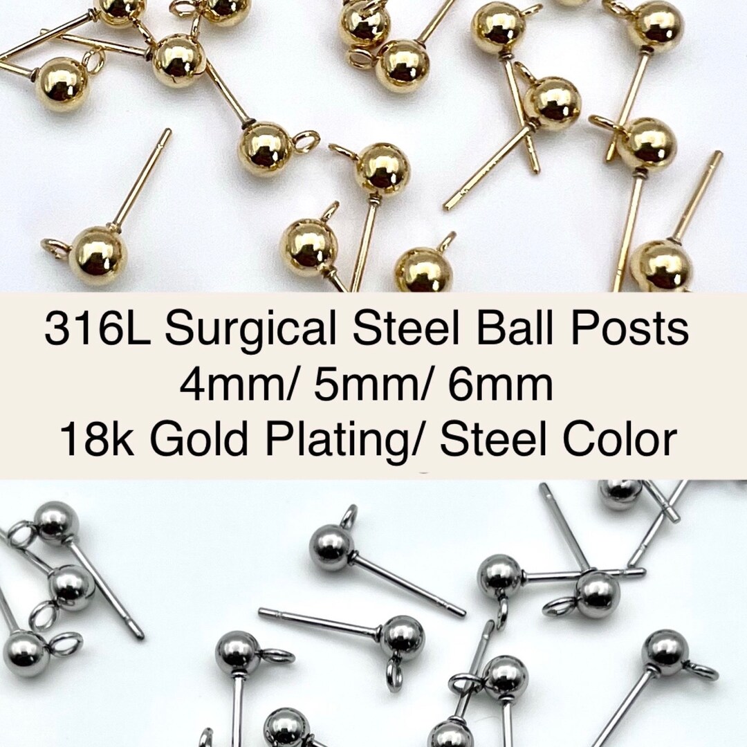 10pcs 316L Surgical Grade Steel Pin, 18K Gold Plating/ Steel Color 6mm ...