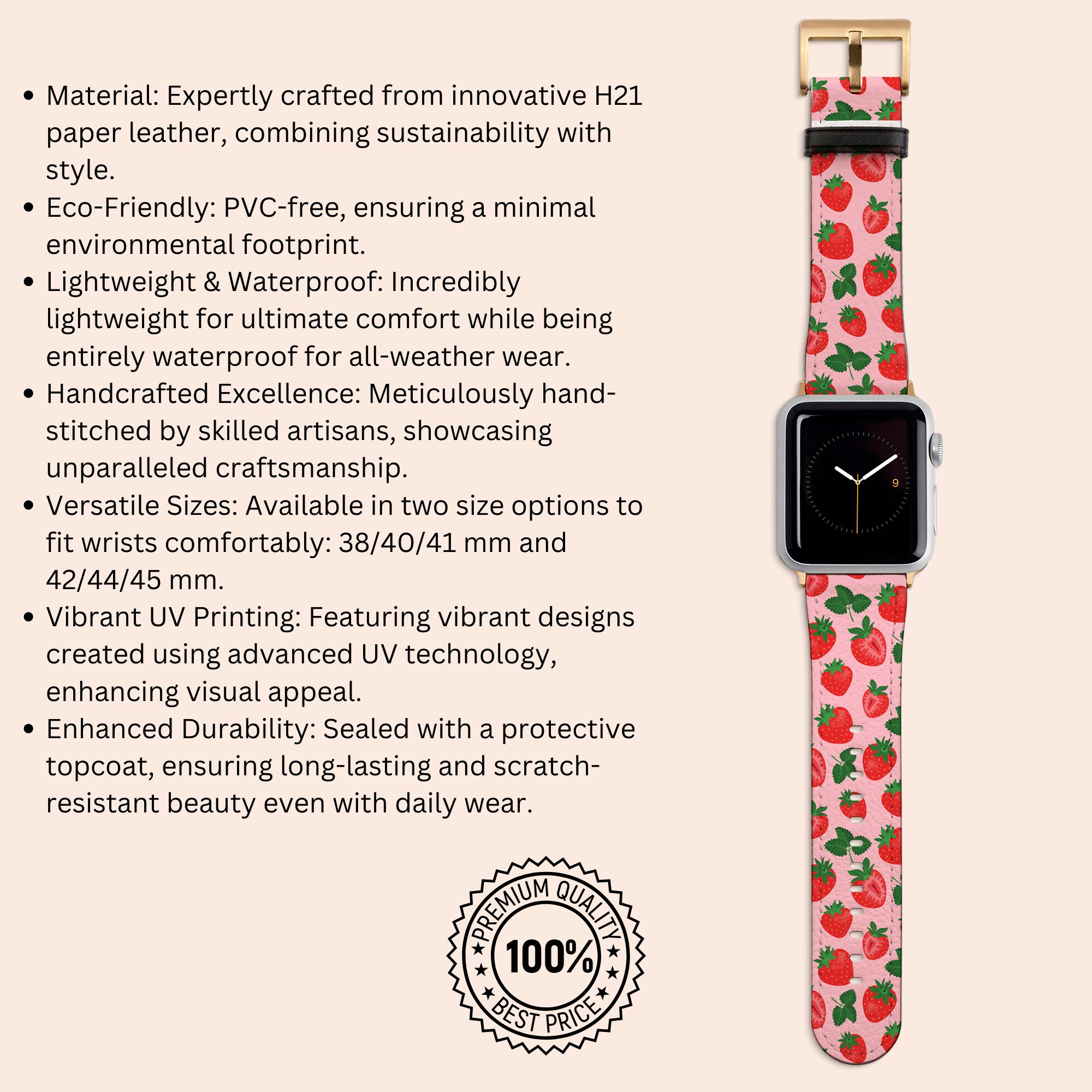 Pink Strawberry Watch Strap Fit for Apple Watch Series 1 2 3 4 5 6 7 8 ...
