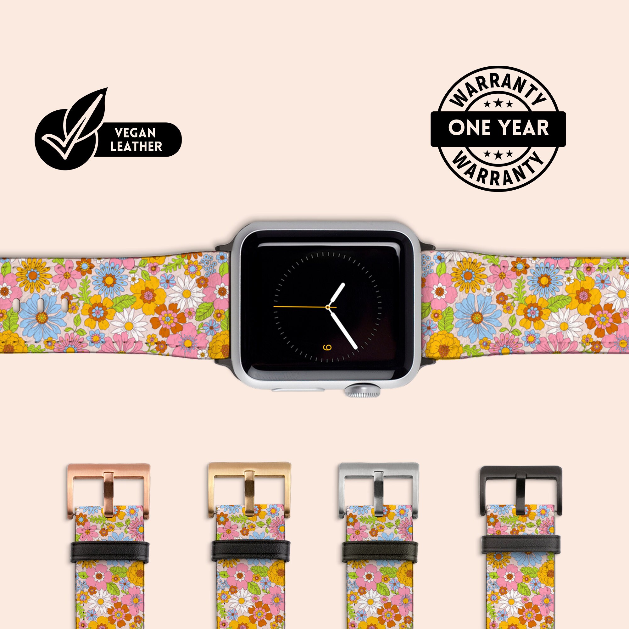 70s Hippie Flowers Watch Strap Fit for Apple Watch Series 1 2 3 4 5 6 7 ...