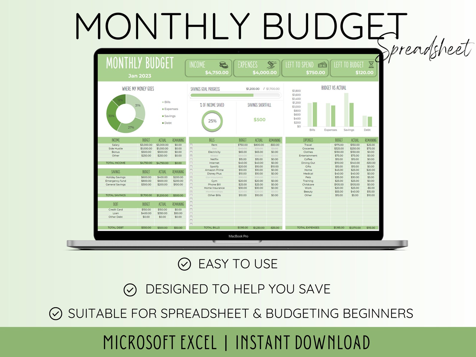 Monthly Budget Spreadsheet | Excel Budget Template Excel | Budget ...