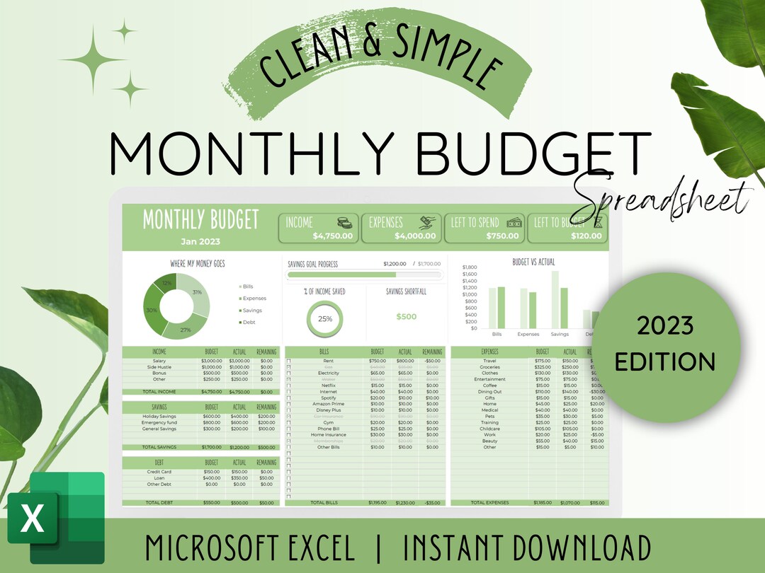 Monthly Budget Spreadsheet Excel Budget Template Excel - Etsy