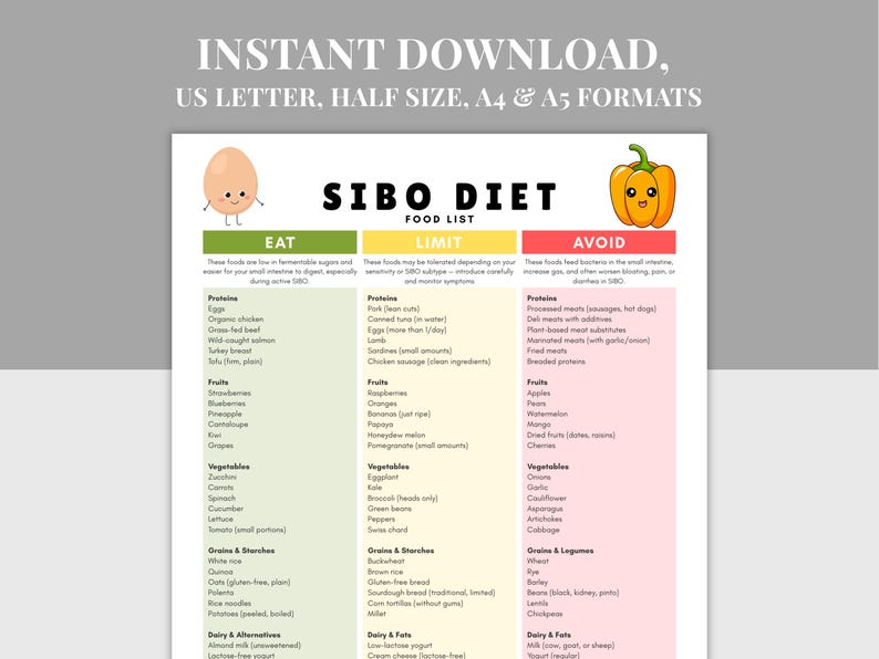 SIBO Diet Food List Printable, Nutrition Chart PDF, A4, A5, US Letter ...