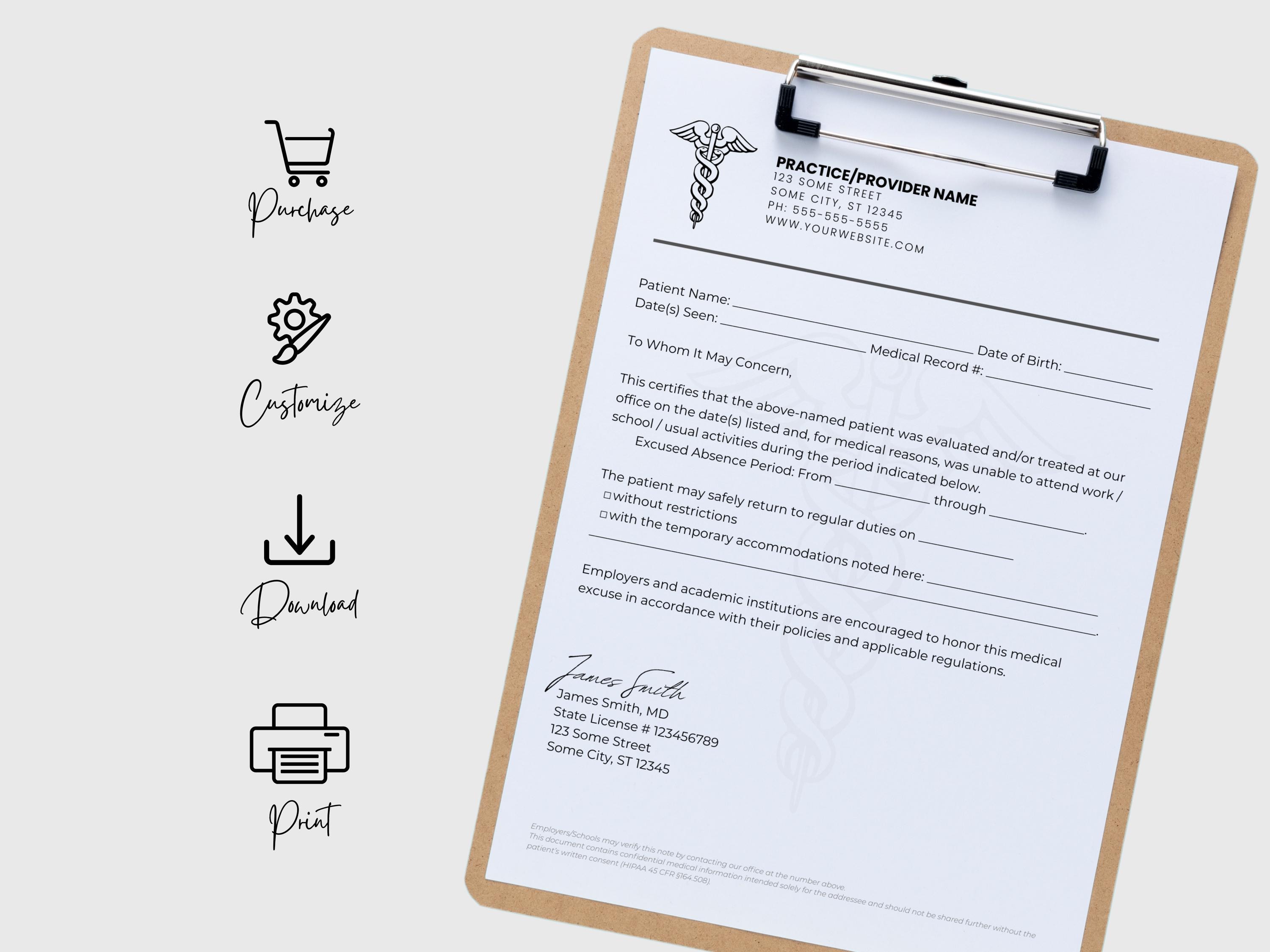 Doctor's Excuse Note Template, Editable Dr Note for Work & School ...