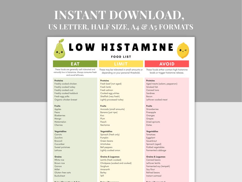 Low Histamine Food List Printable, Meal Chart, Grocery List, PDF, A4 ...