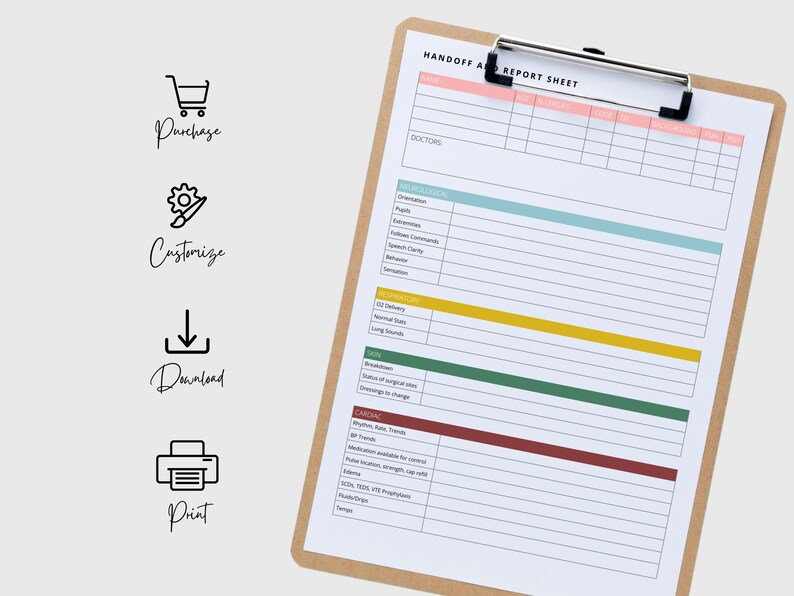 Nurse Handoff and Report Sheet, ICU Nursing Hand-off Report, Patient ...