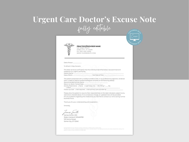 Urgent Care Doctor's Excuse Note Template, Editable Dr Note for Work ...