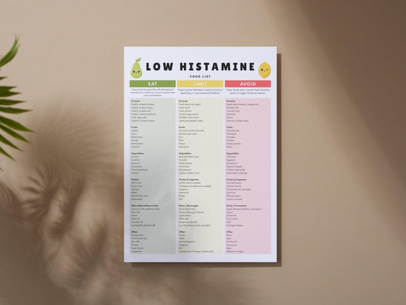 Low Histamine Food List Printable, Meal Chart, Grocery List, PDF, A4 ...