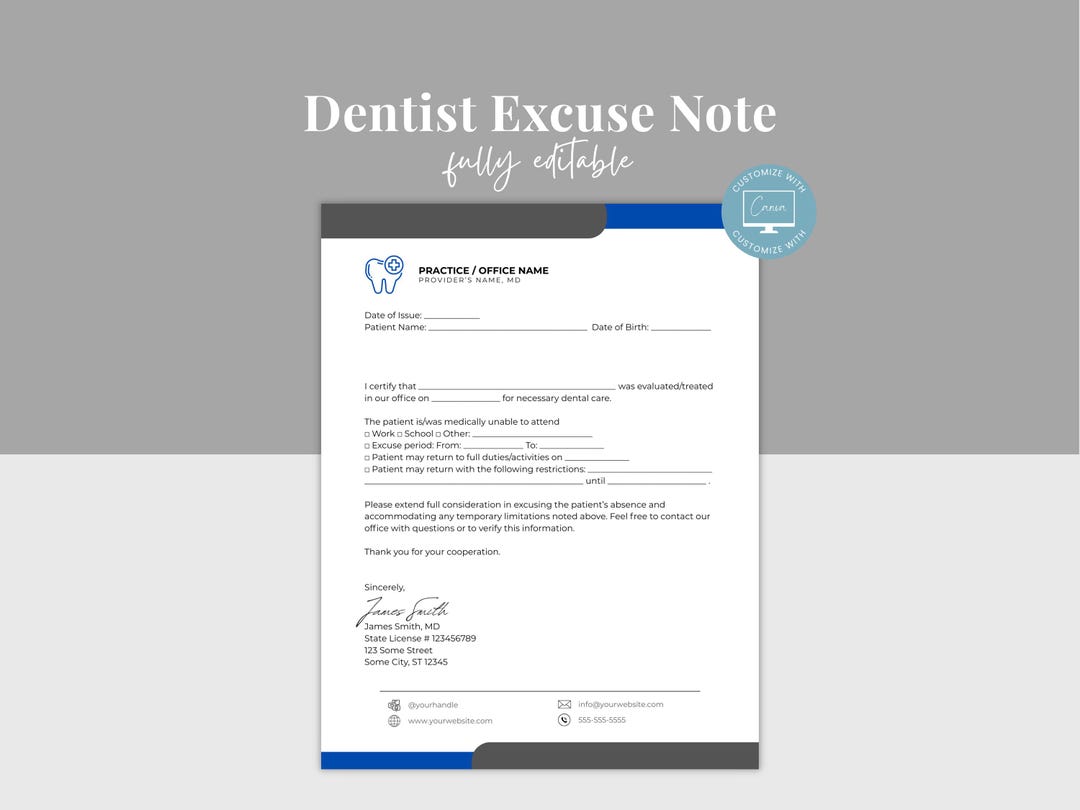 Dental and Orthodontic Medical Excuse Note Template, Editable Dentist ...