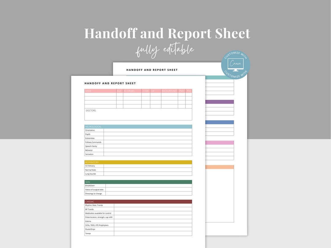Nurse Handoff and Report Sheet, ICU Nursing Hand-off Report, Patient ...