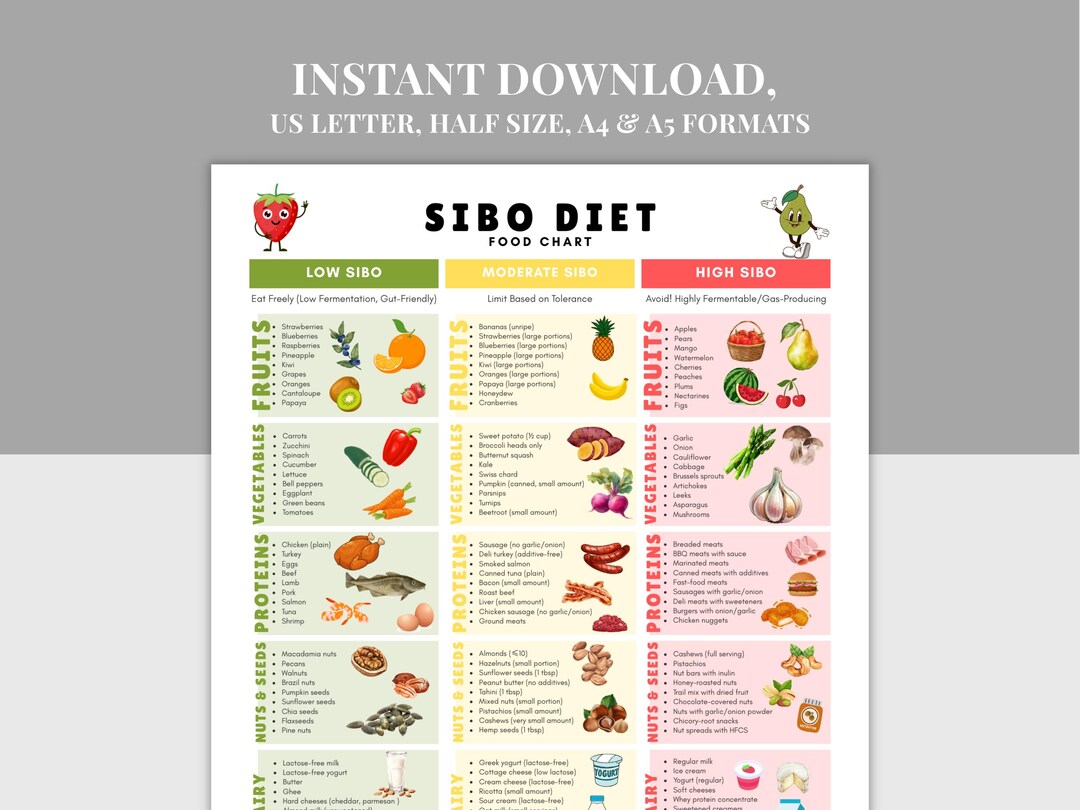 SIBO Diet Food Chart Printable, Nutrition Chart PDF, A4, A5, US Letter ...