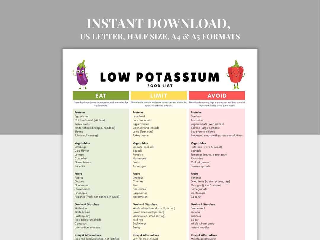 Low Potassium Food List Printable, Nutrition Chart PDF, A4, A5, US ...