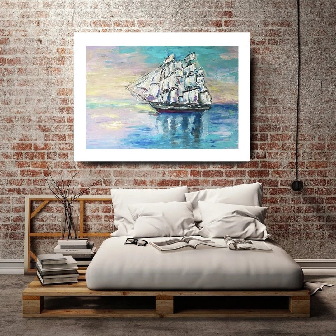 Acrylic Painting Sea Ocean Sailing Ship Sea Ocean Beige Gray Blue ...