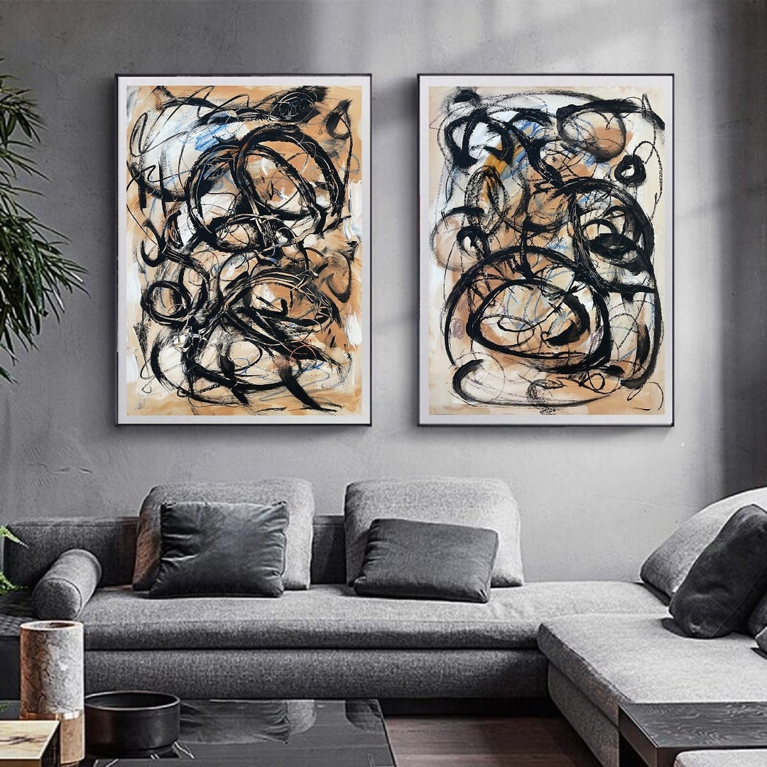 Set 2 Paintings Original, Abstract, Jackson Pollock Style Art, Black ...