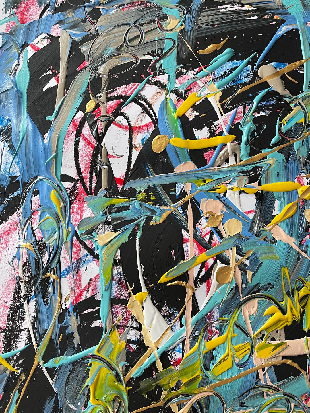 Abstract Painting Jackson Pollock Style Art Black White Green Gray Blue ...