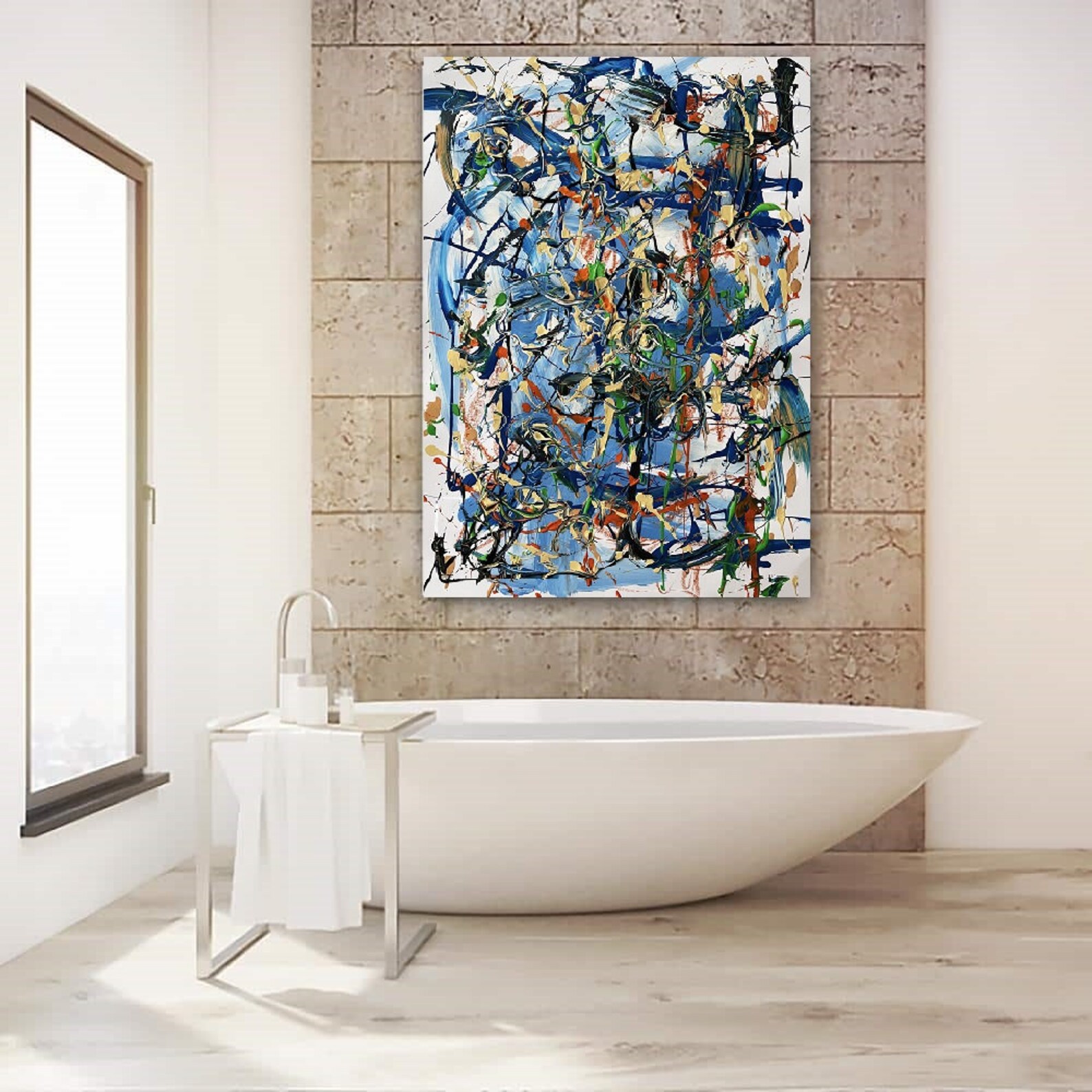 Abstract Painting Jackson Pollock Style Art Black White Green Gray Blue ...