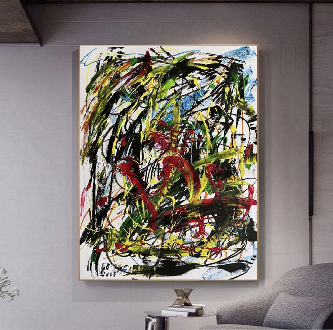 Abstract Painting Jackson Pollock Style Art Black White Green Gray Blue ...