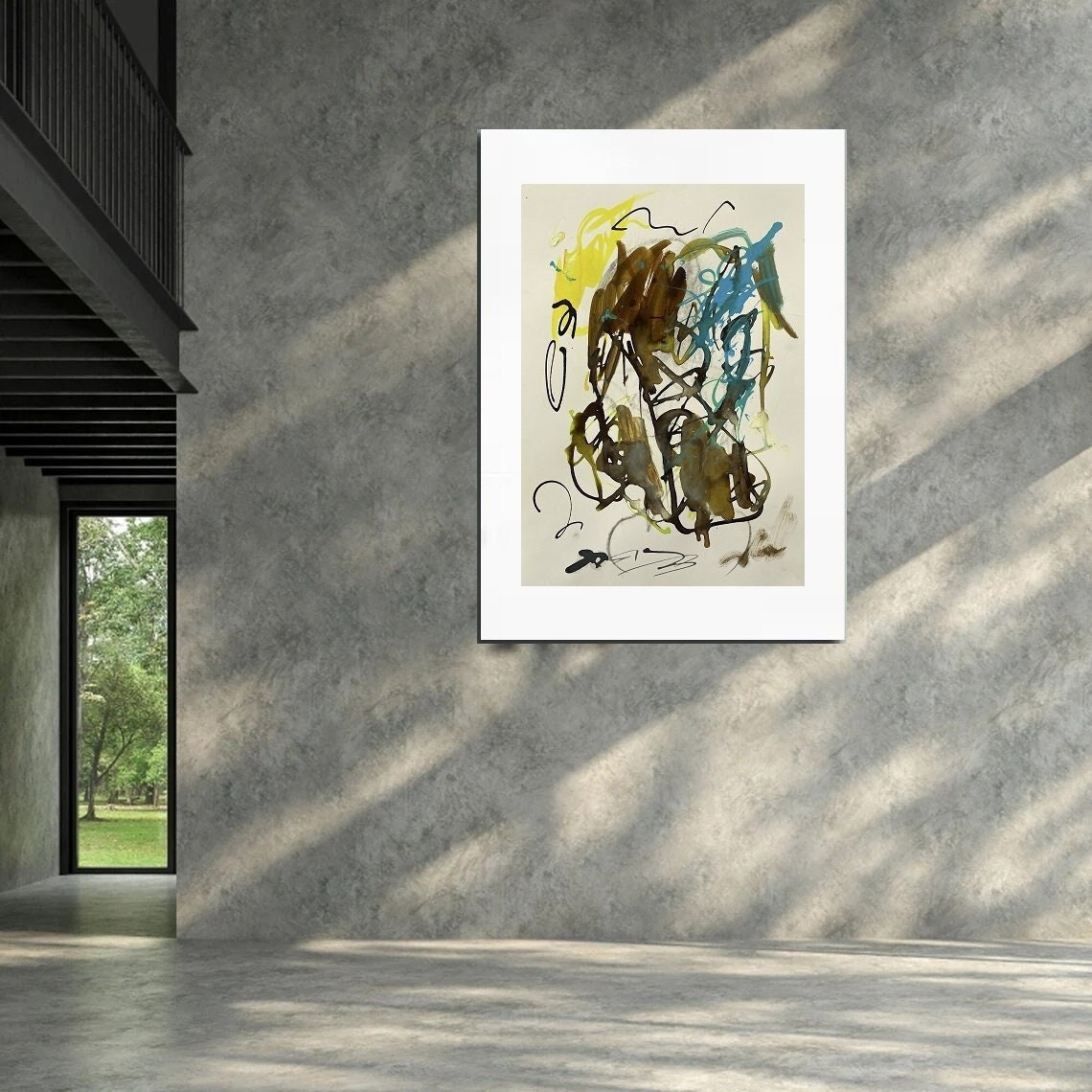Abstract Painting, Jackson Pollock Style Art, Beige, Gray Blue, Yellow ...