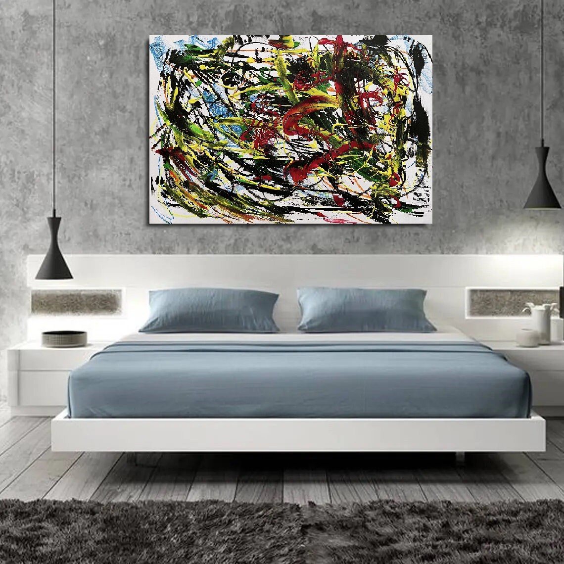 Abstract Painting Jackson Pollock Style Art Black White Green Gray Blue ...