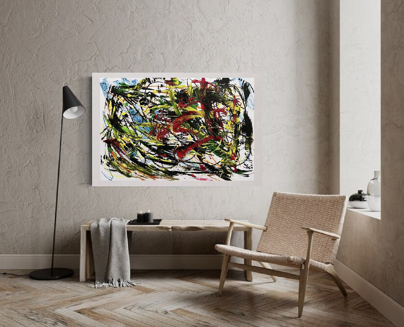 Abstract Painting Jackson Pollock Style Art Black White Green Gray Blue ...